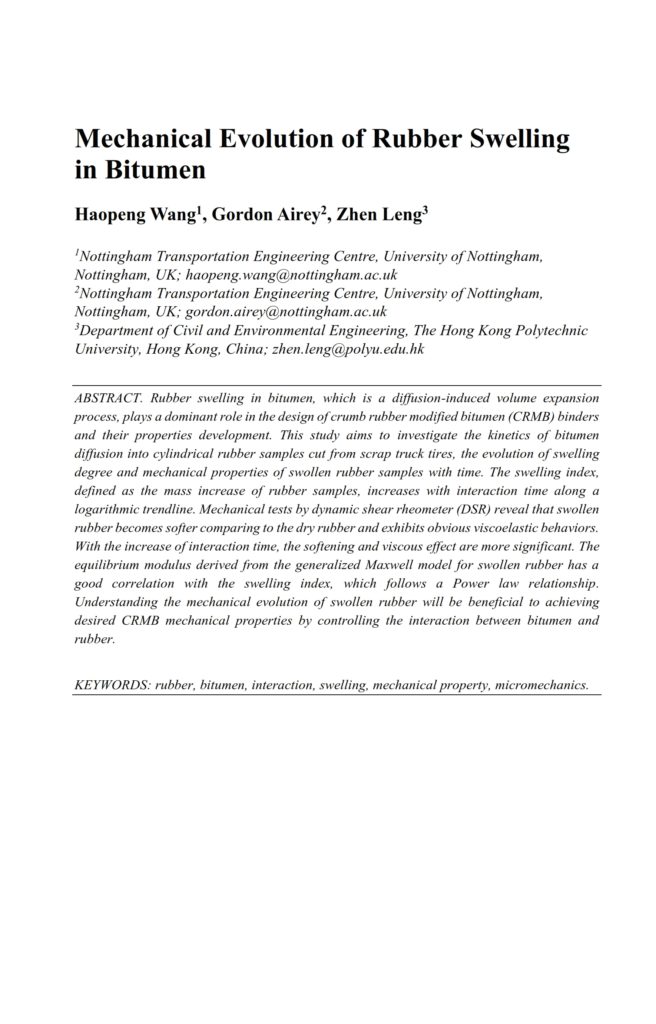 Mechanical Evolution of Rubber Swelling in Bitumen – Asphalt Rubber Papers Store